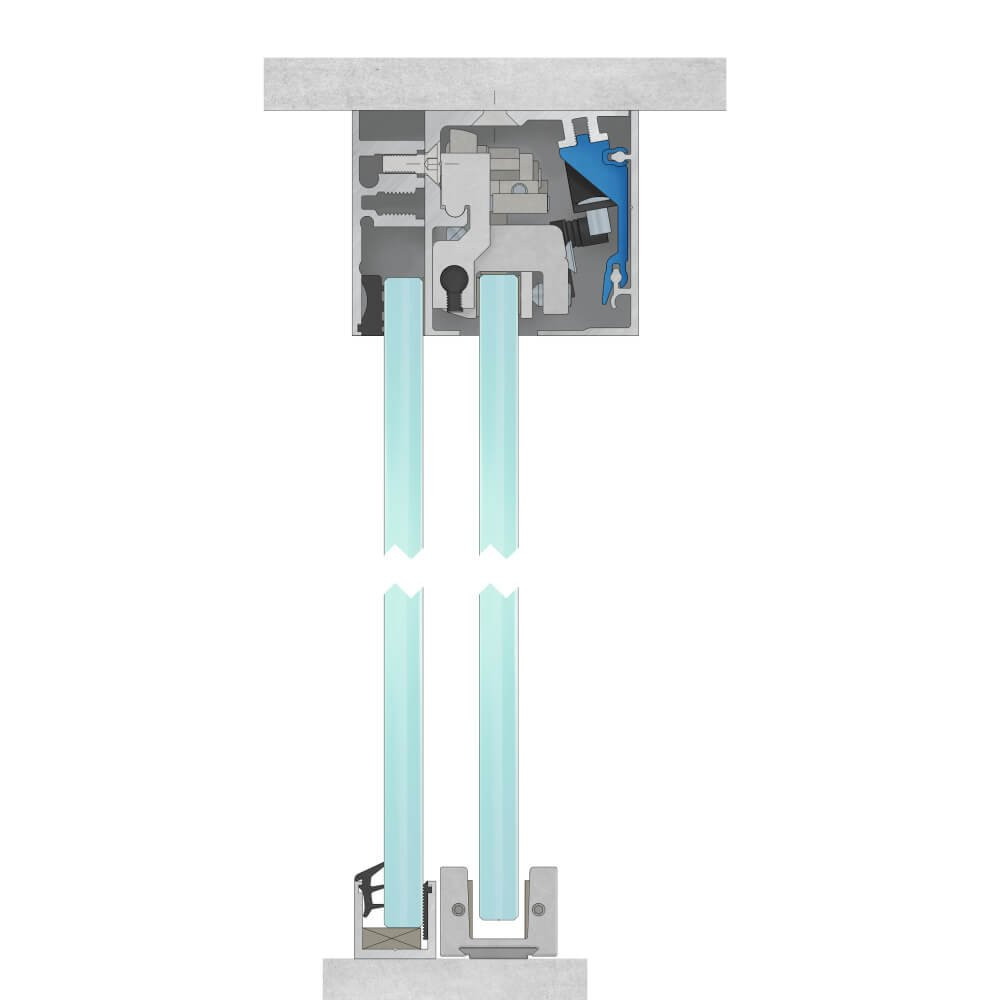 Einflügelige Glasschiebetür mit Festteil, Deckenmontage